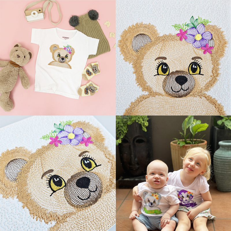 Cute Embroidered Teddy Bear and Flowers Embroidery Design