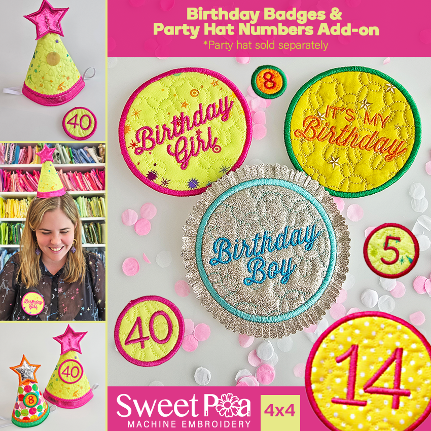Birthday Badges and Party Hat Numbers Machine Embroidery Design ITH
