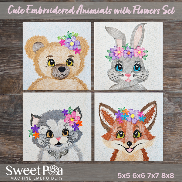 Cute Embroidered Animals with Flowers ITH Set