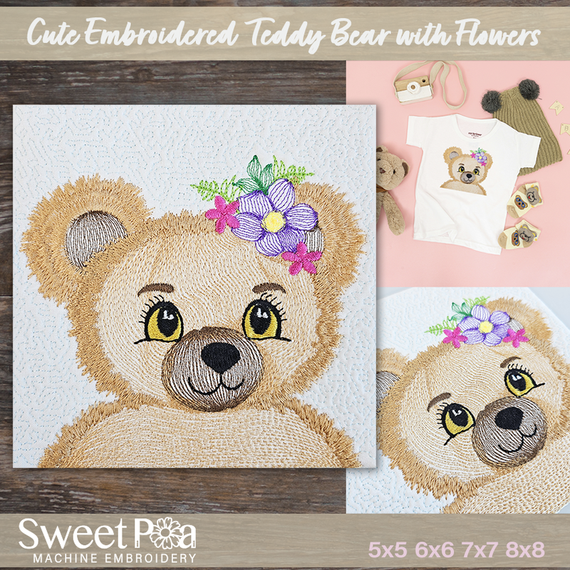 Cute Embroidered Teddy Bear and Flowers Embroidery Design
