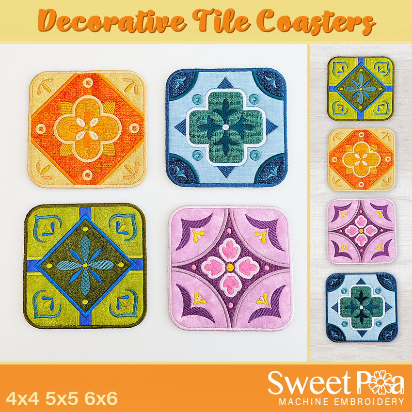 Decorative Tile Coasters In The Hoop Design