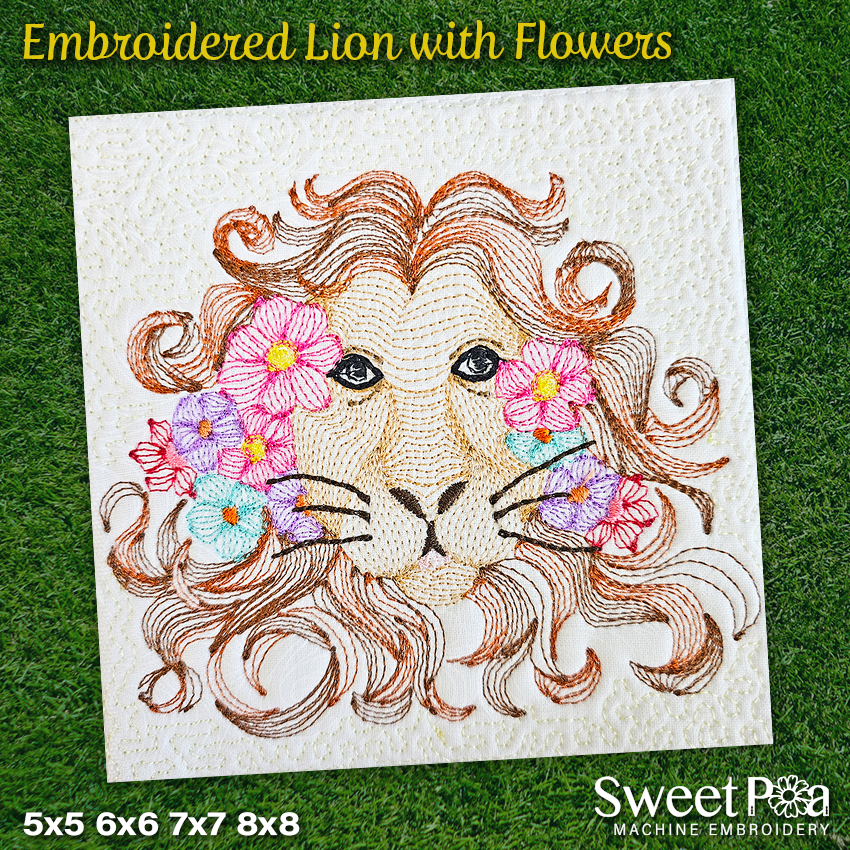 Embroidered Lion with Flowers Embroidery Design