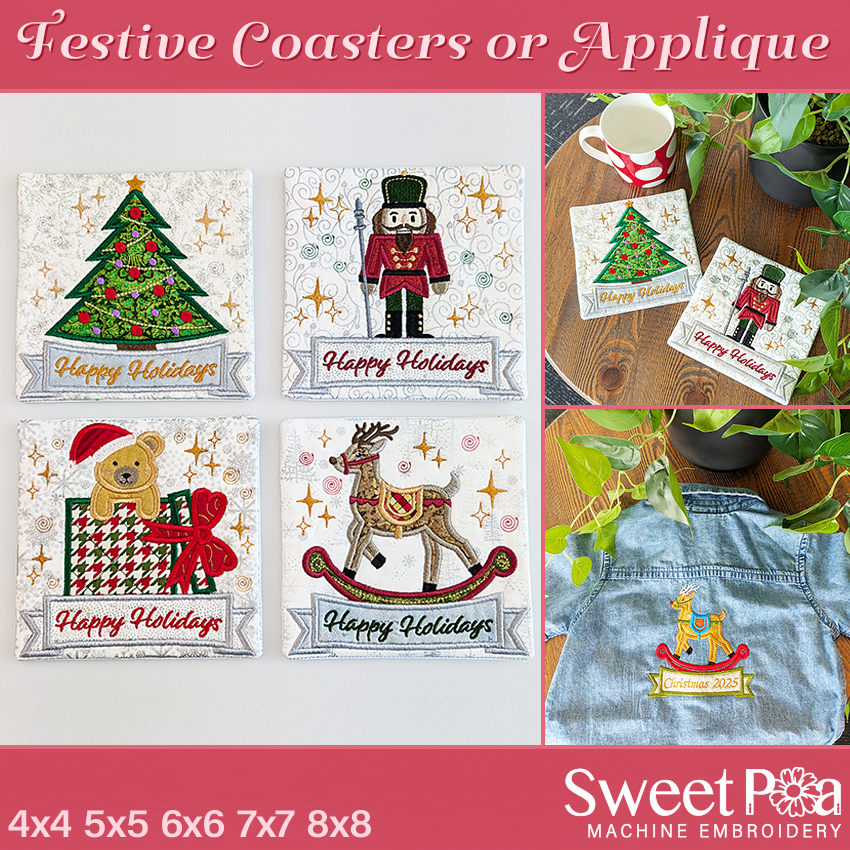 Festive Coasters or Applique Embroidery Design