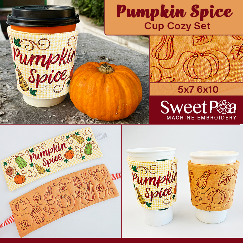 Machine Embroidery Designs - Pumpkin Spice Cup Cozy Set