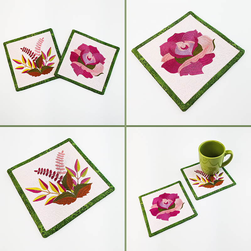 Rose and Leaf Coaster Set - ITH Machine Embroidery Design