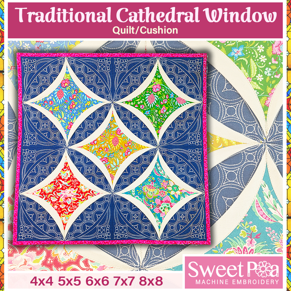 Traditional Cathedral window Quilt machine embroidery designs ITH