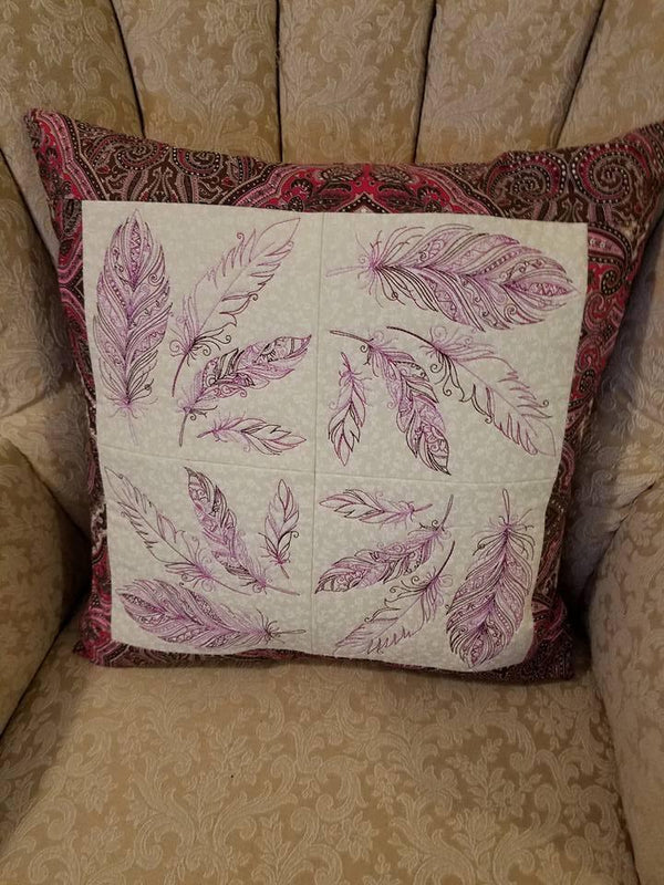 Cushion With Feather Redwork Patterns - Machine Embroidery Design