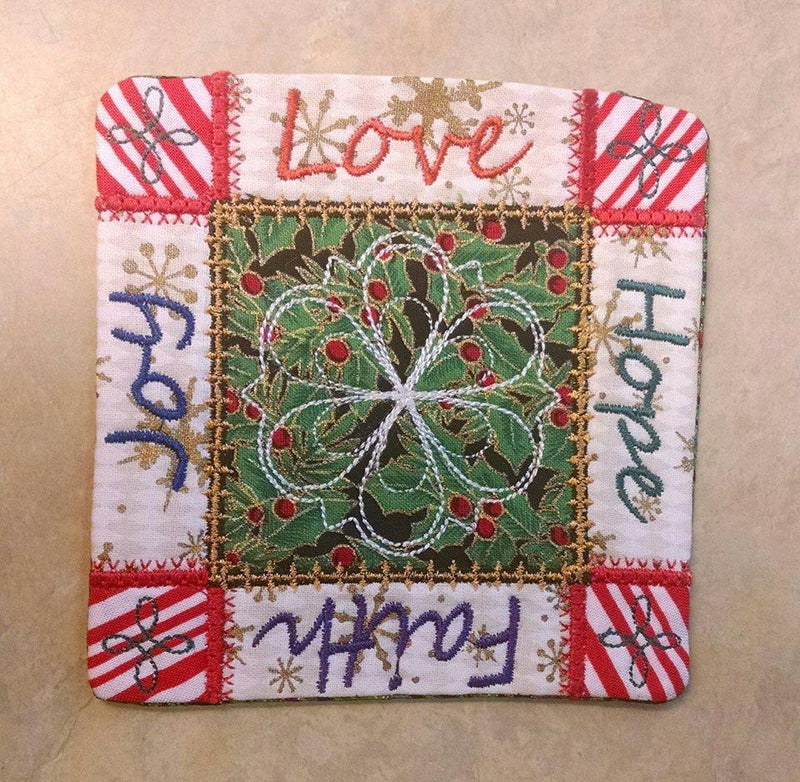 Christmas Embroidery Ideas - Faith Hope Love Joy Mug Rug
