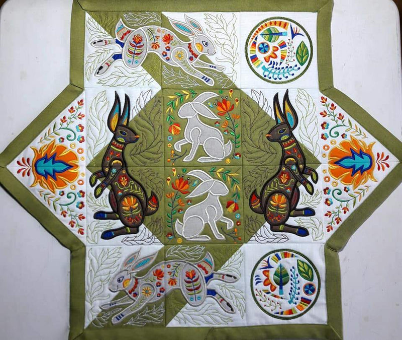 Folk Art Rabbit Table Runner or Flag 4x4 5x5 6x6 7x7