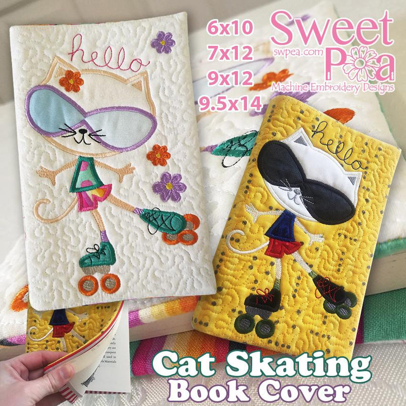 Cat Skating book cover in the hoop machine embroidery design ITH
