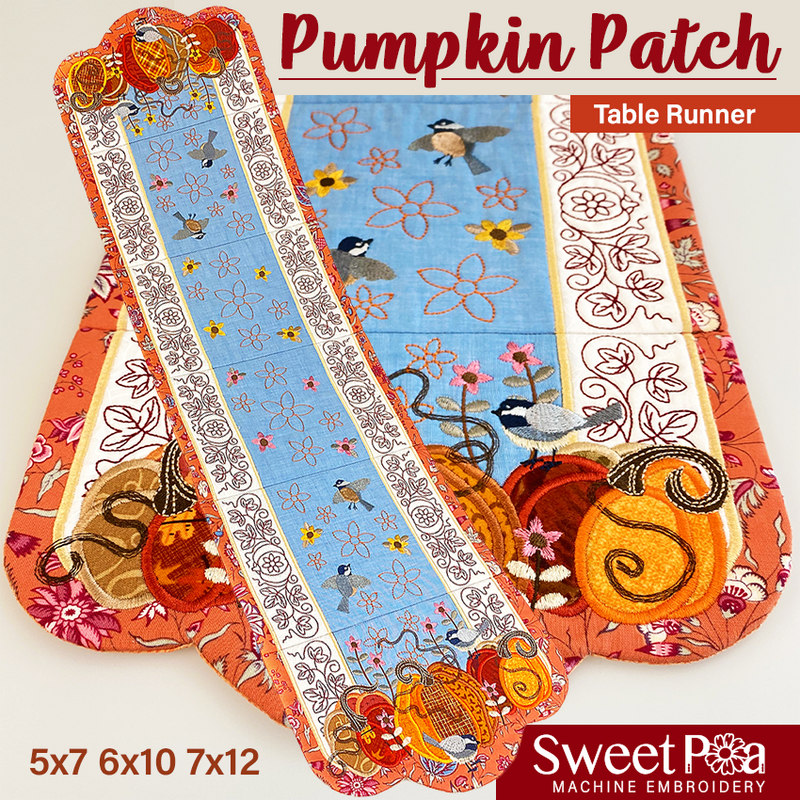 Chickadee Pumpkin Patch Table Runner ITH Machine Embroidery Design