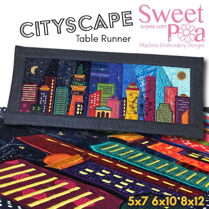 Cityscape Table Runner in the hoop machine embroidery design ITH