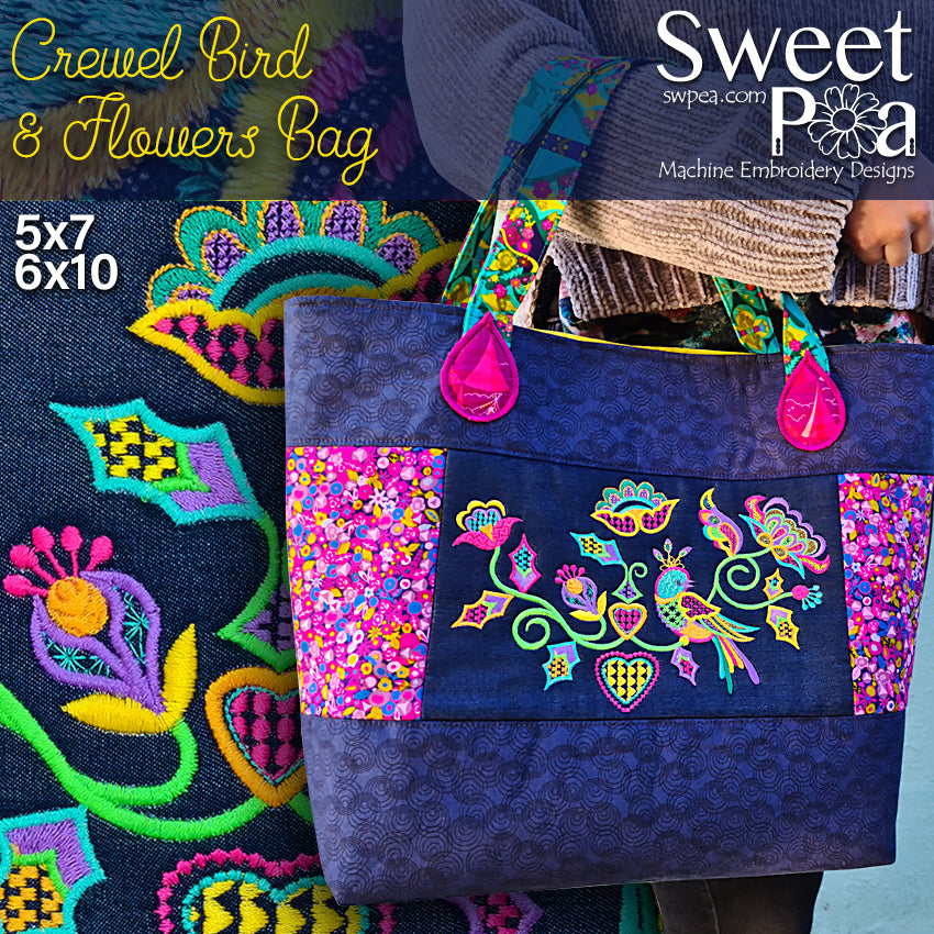 Crewel bird and flowers bag in the hoop machine embroidery design ITH