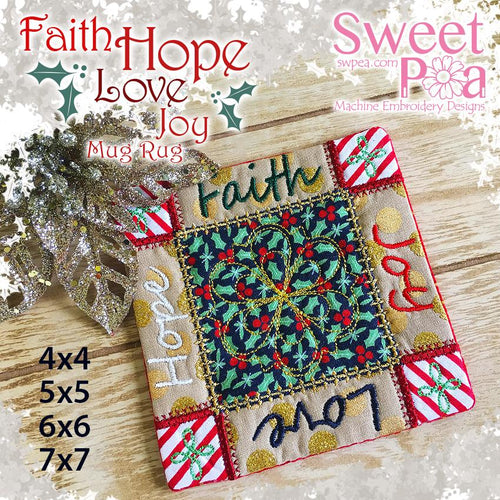 Christmas Embroidery Ideas - Faith Hope Love Joy Mug Rug