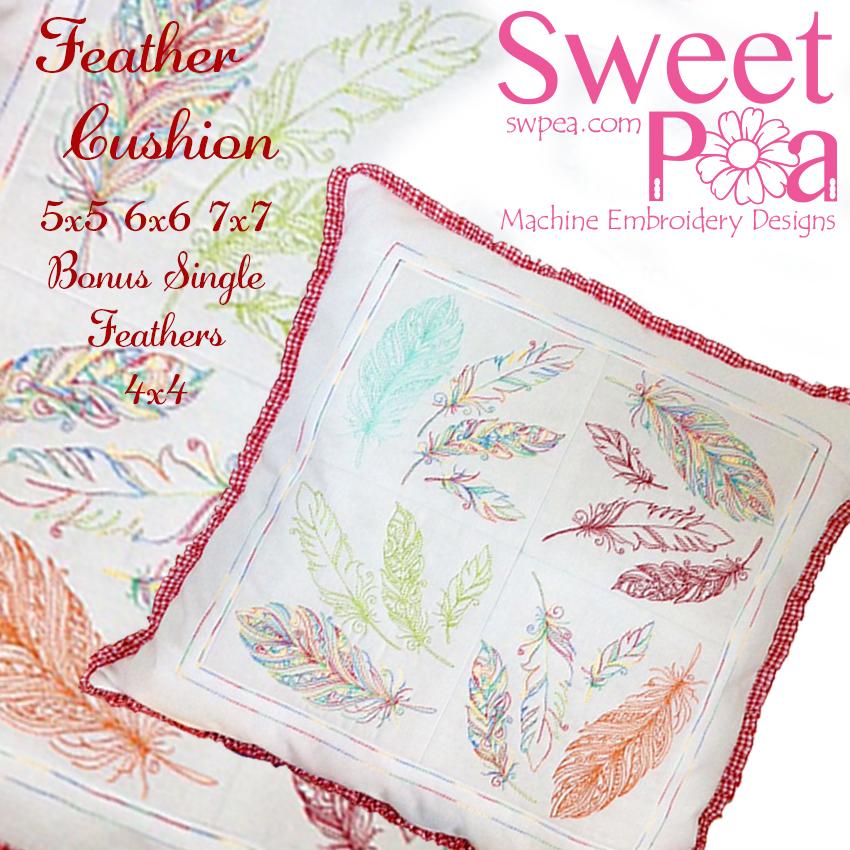 Cushion With Feather Redwork Patterns - Machine Embroidery Design