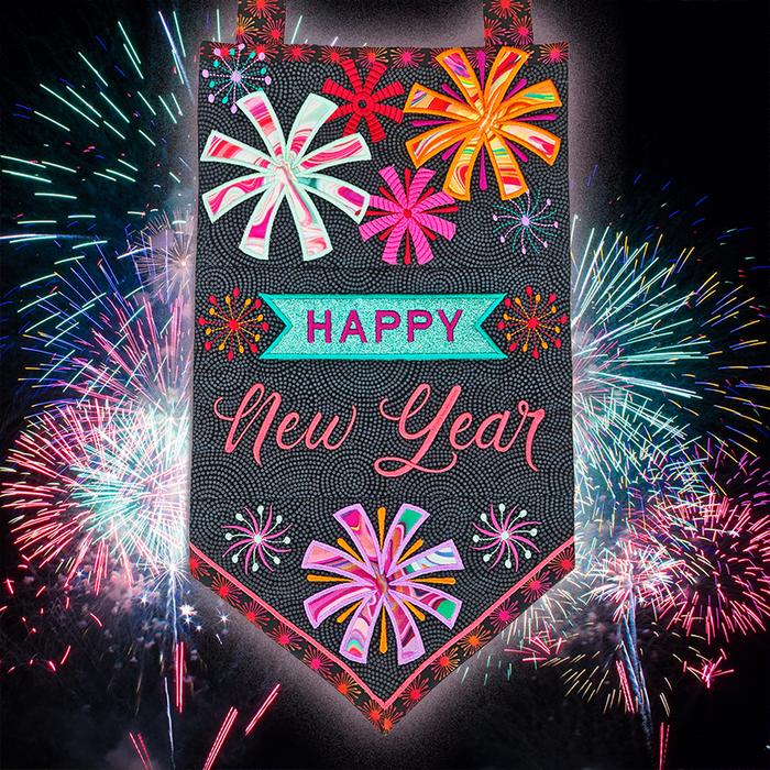 Happy New Year Flag Machine Embroidery Design