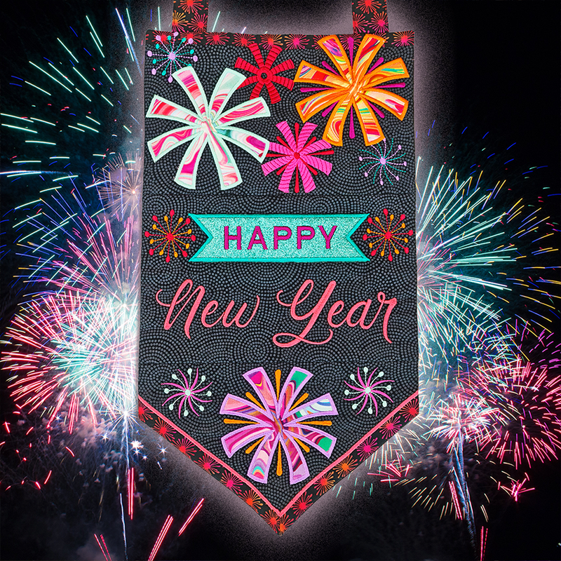 Happy New Year Flag Machine Embroidery Design