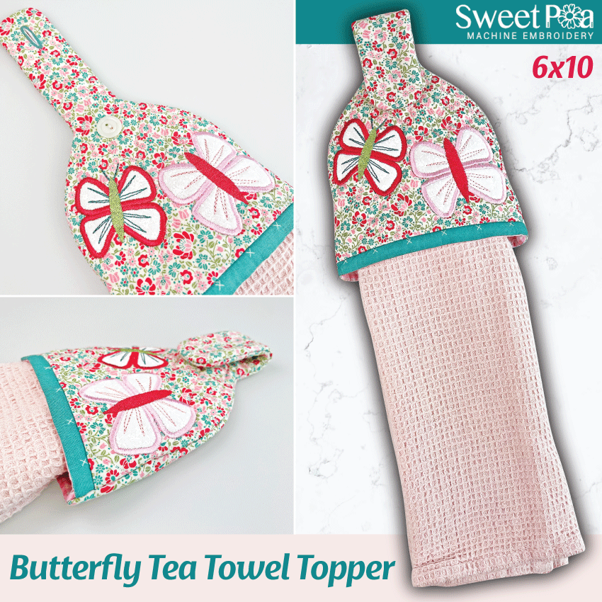 Butterfly tea towel topper in the hoop machine embroidery design ITH