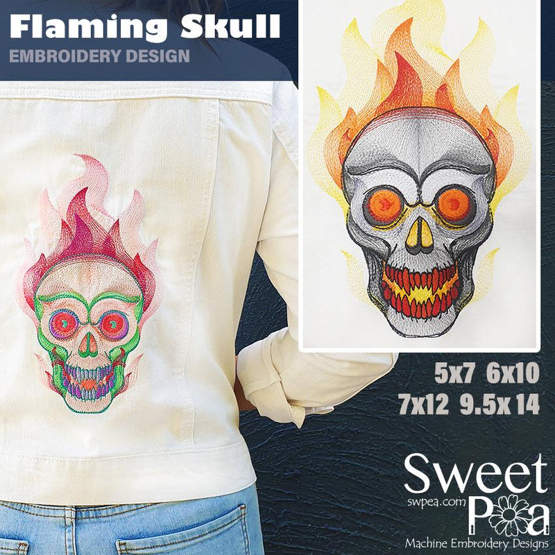 Flaming Skull Embroidery Design 5x7 6x10 7x12 9.5x14