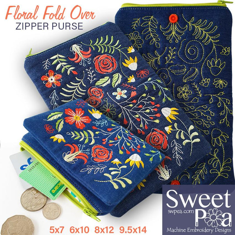 Embroidered Purse - Floral Fold Over Zipper Purse
