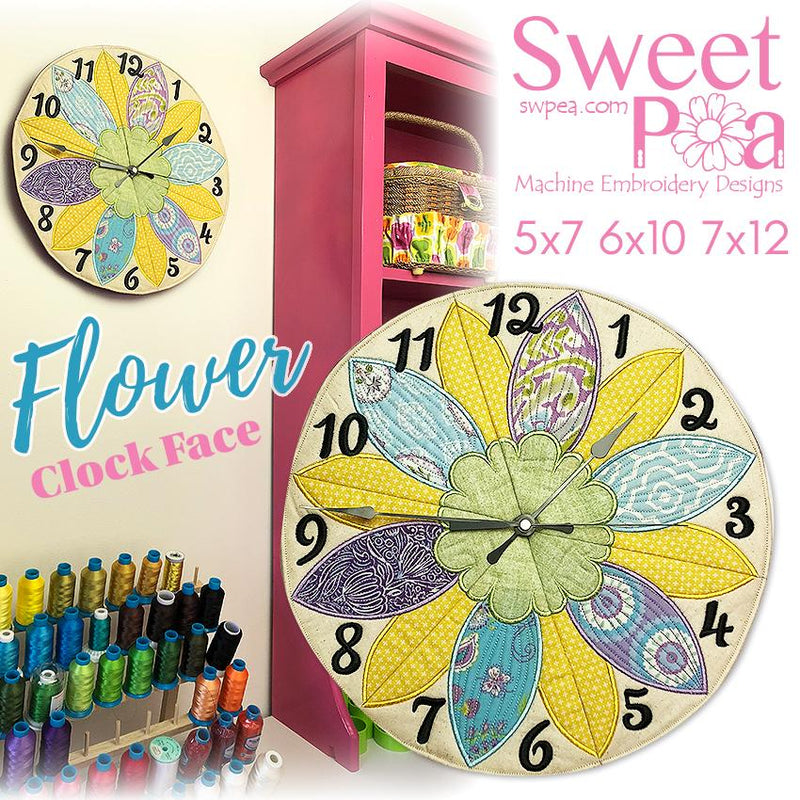 Flower Clock Face in the hoop machine embroidery design ITH