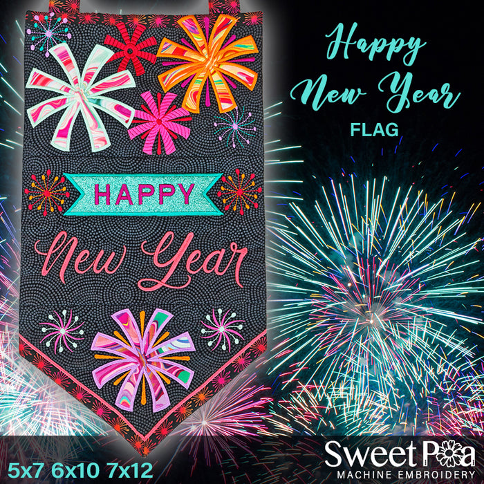 Happy New Year Flag Machine Embroidery Design