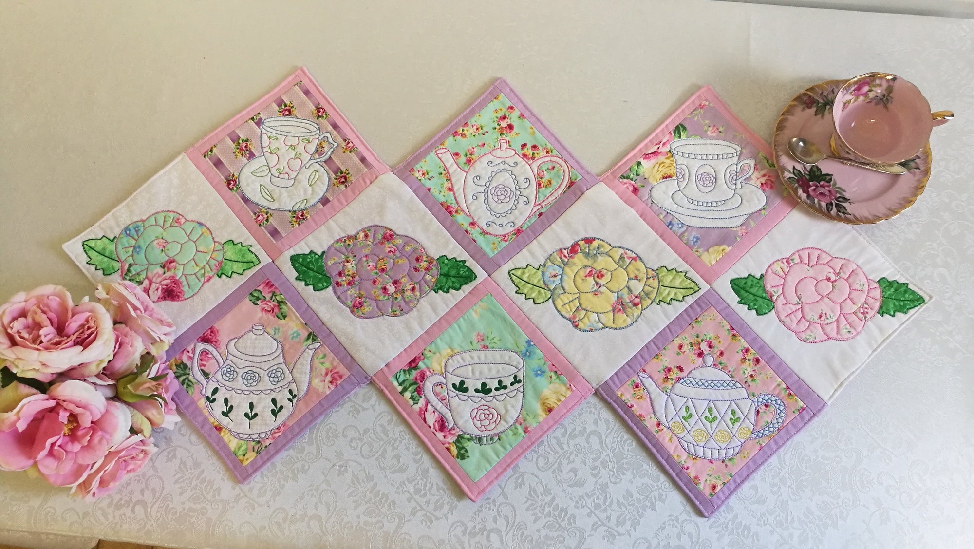 Machine Embroidery Ideas - Teatime Table Runner and Mug Rugs Set
