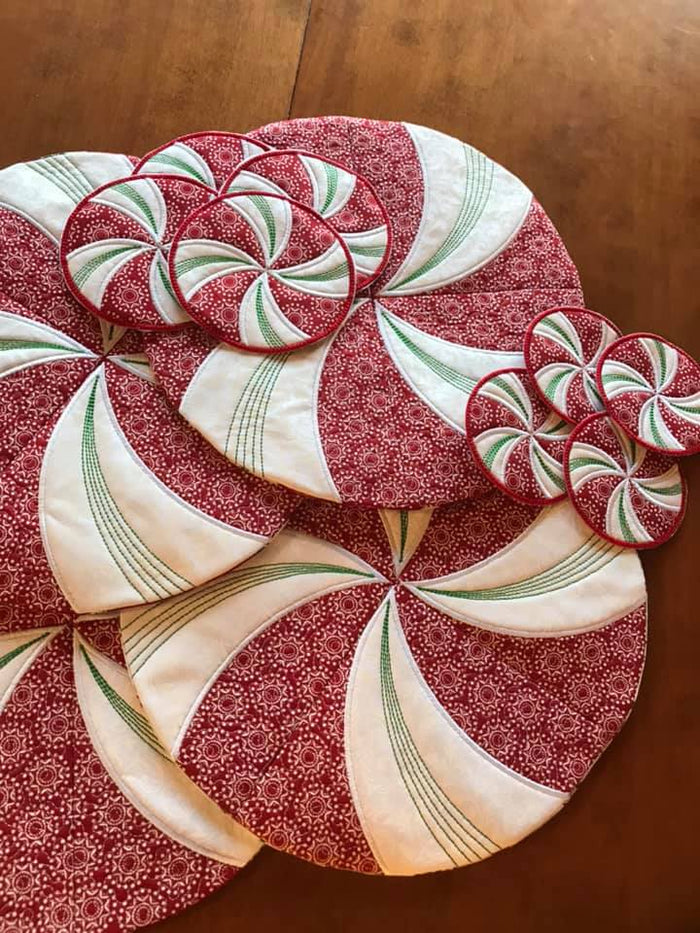 In The Hoop Embroidery - Peppermint Swirl Placemat and Coaster