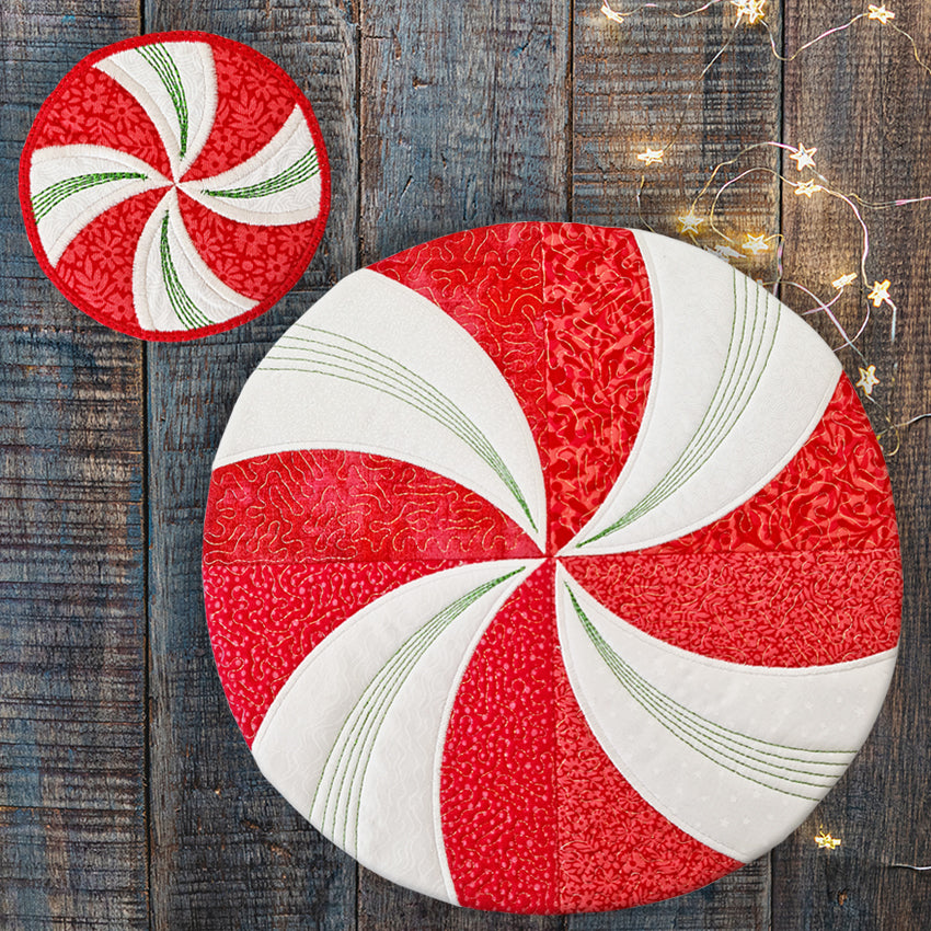 In The Hoop Embroidery - Peppermint Swirl Placemat and Coaster