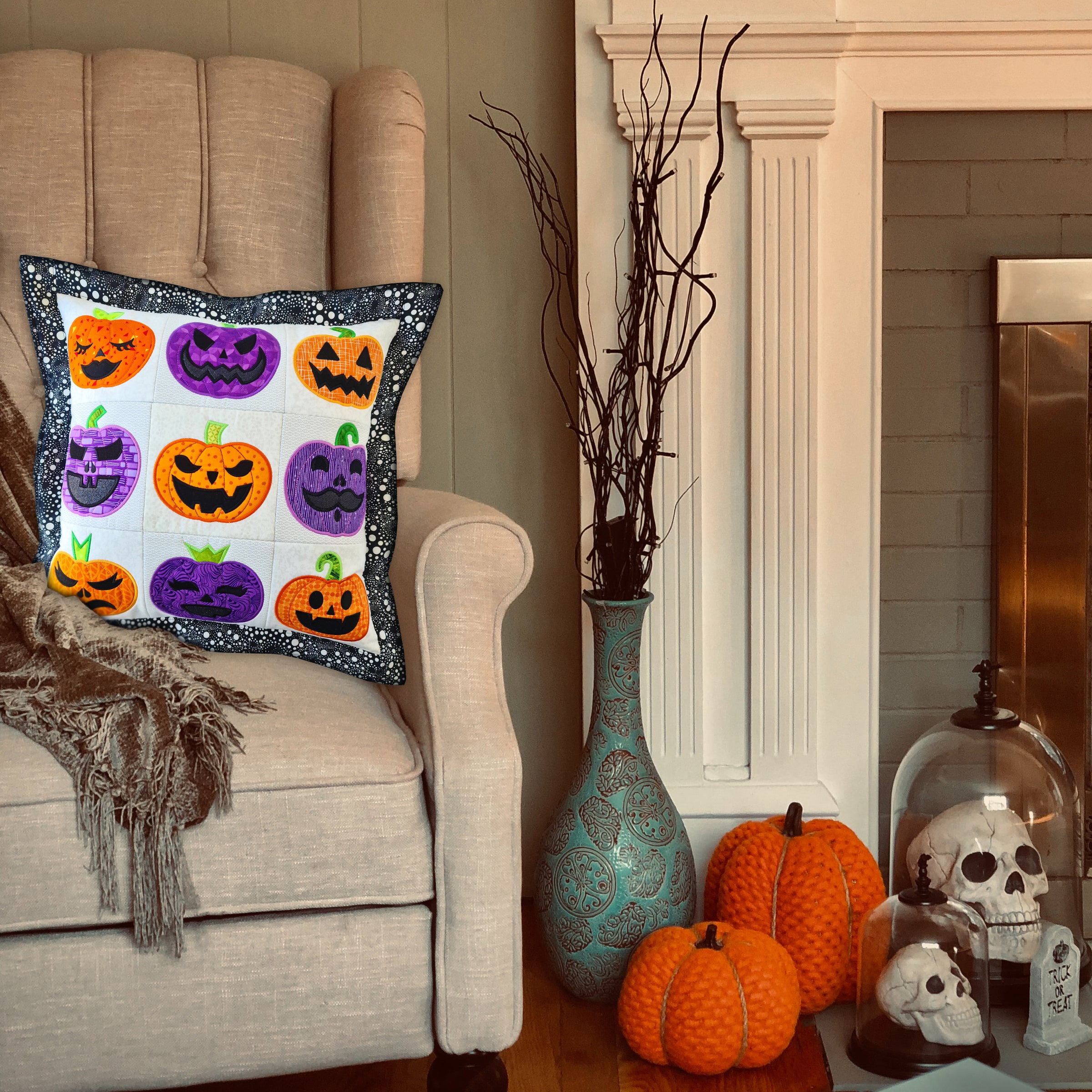 Jack O' Faces Cushion 4x4 5x5 6x6 machine embroidery design