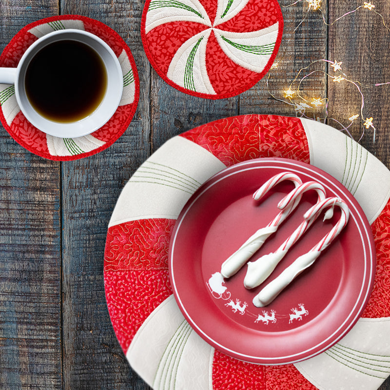 In The Hoop Embroidery - Peppermint Swirl Placemat and Coaster