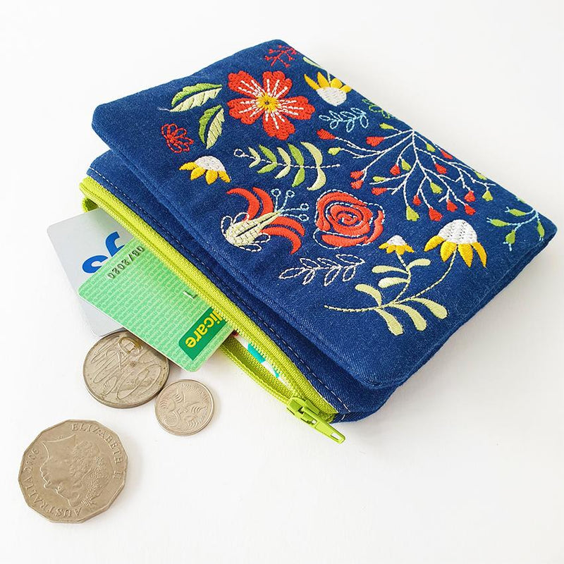 Embroidered Purse - Floral Fold Over Zipper Purse