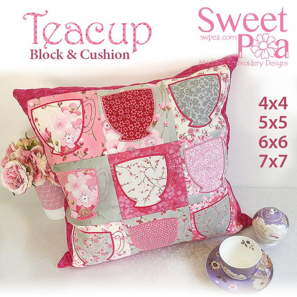 Machine Embroidery Ideas - Teacup Cushion and Quilt Block