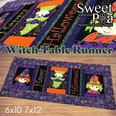 Halloween Witch Table Runner Machine Embroidery Design